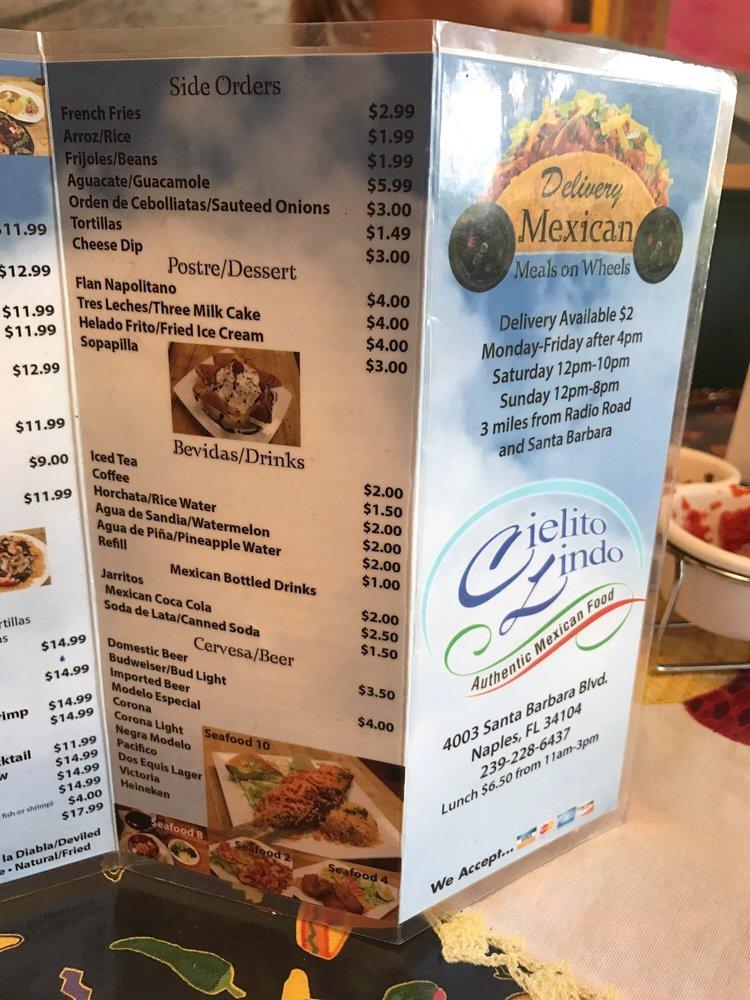 Menu at Taco Lindo restaurant, Naples, Santa Barbara Blvd