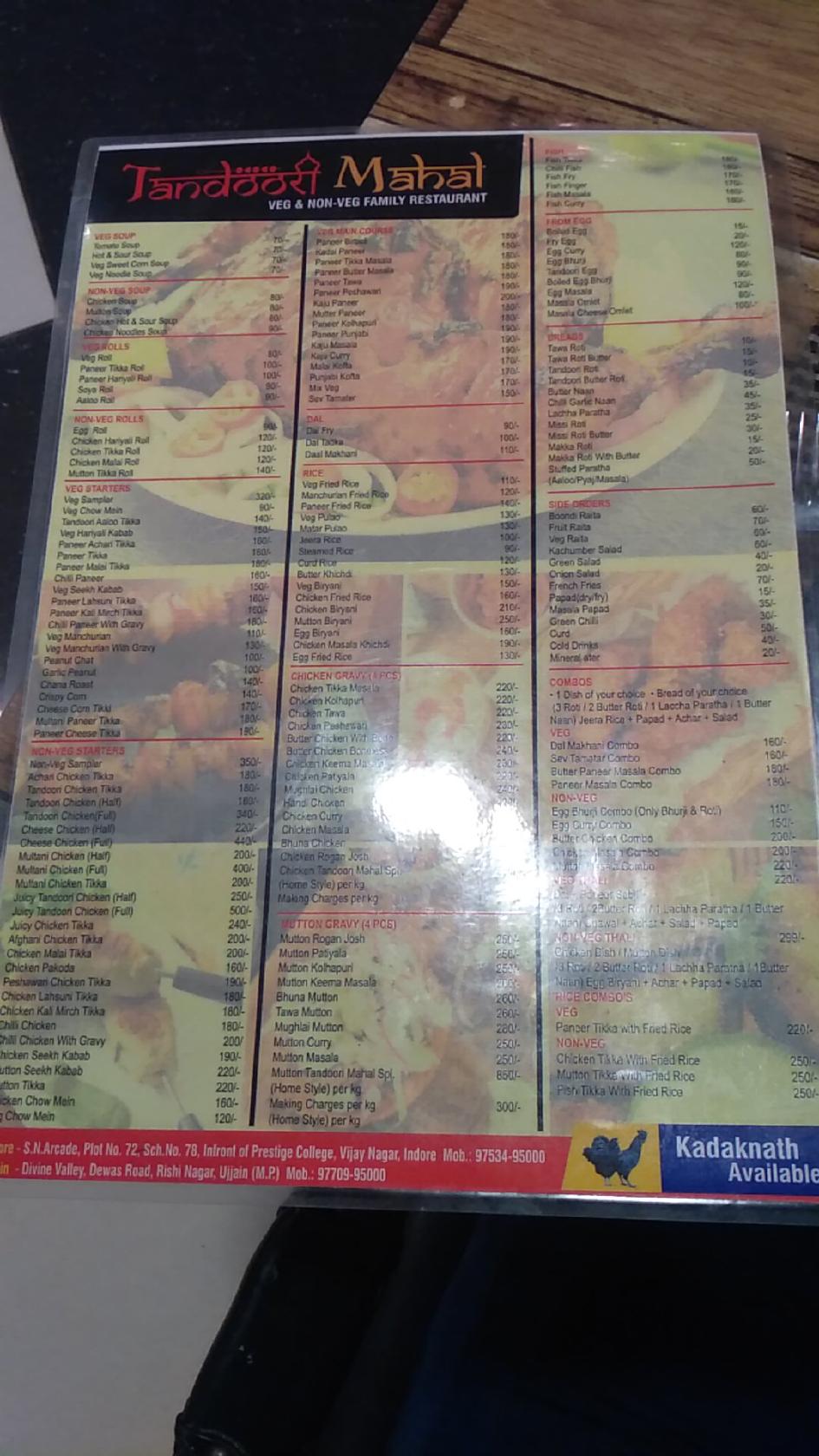 Menu at Tandoori mahal, Indore