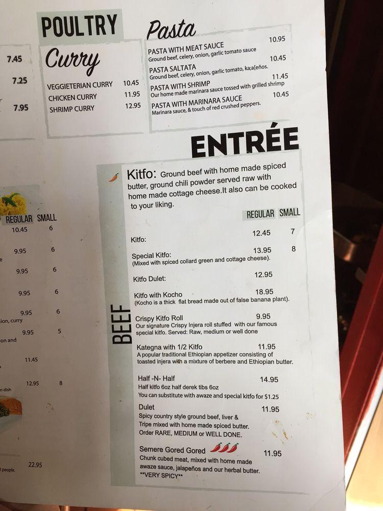 Menu at Bole Ethiopian Cuisine restaurant, Falcon Heights, Pascal St