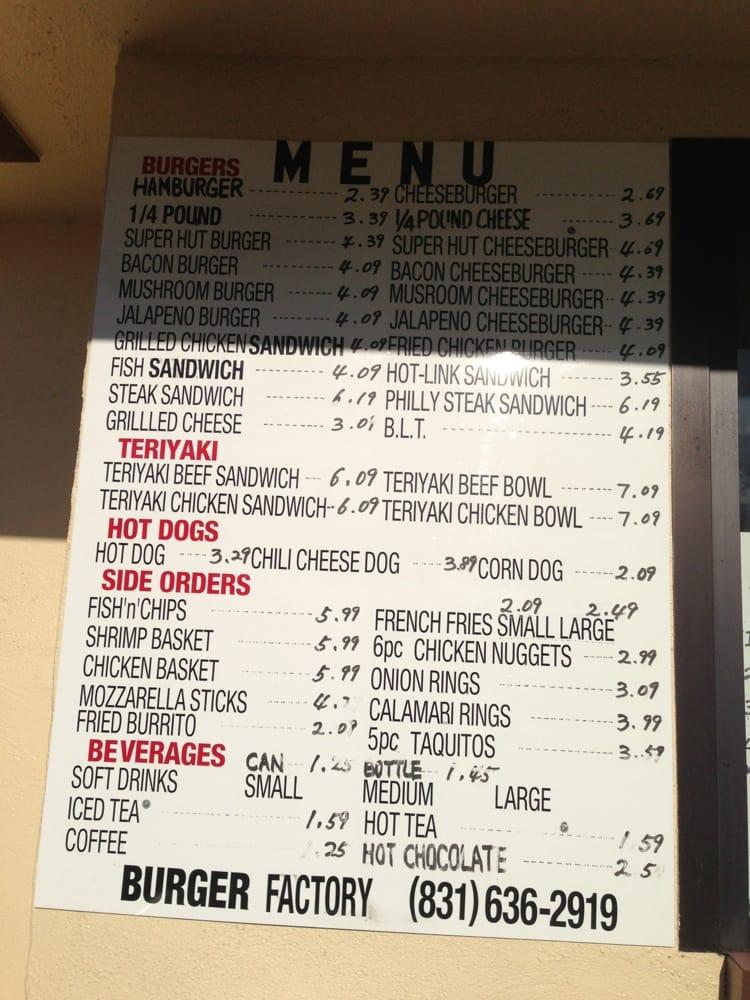 Menu at Burger Factory restaurant, Hollister