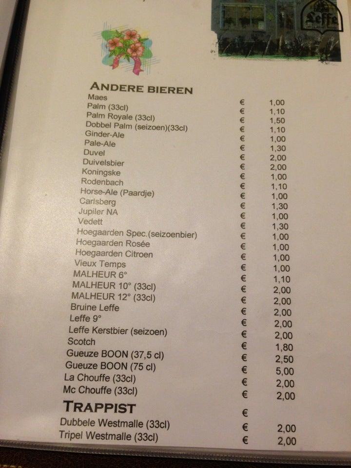 Menu at In Den Congo, Tervuren