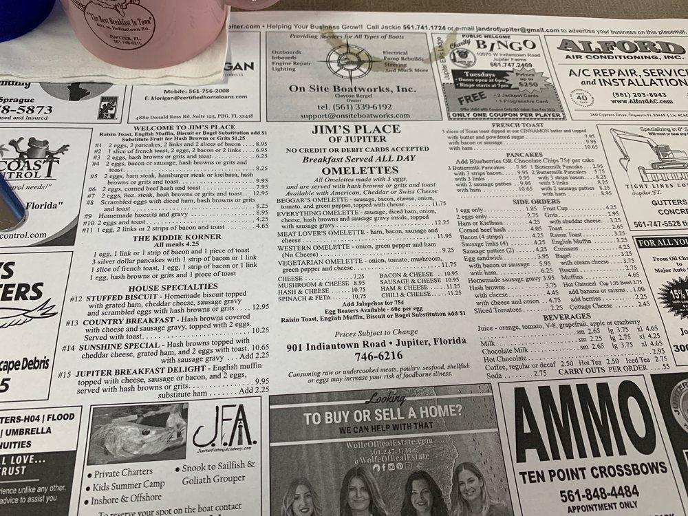 Menu at Jim's Place restaurant, Jupiter