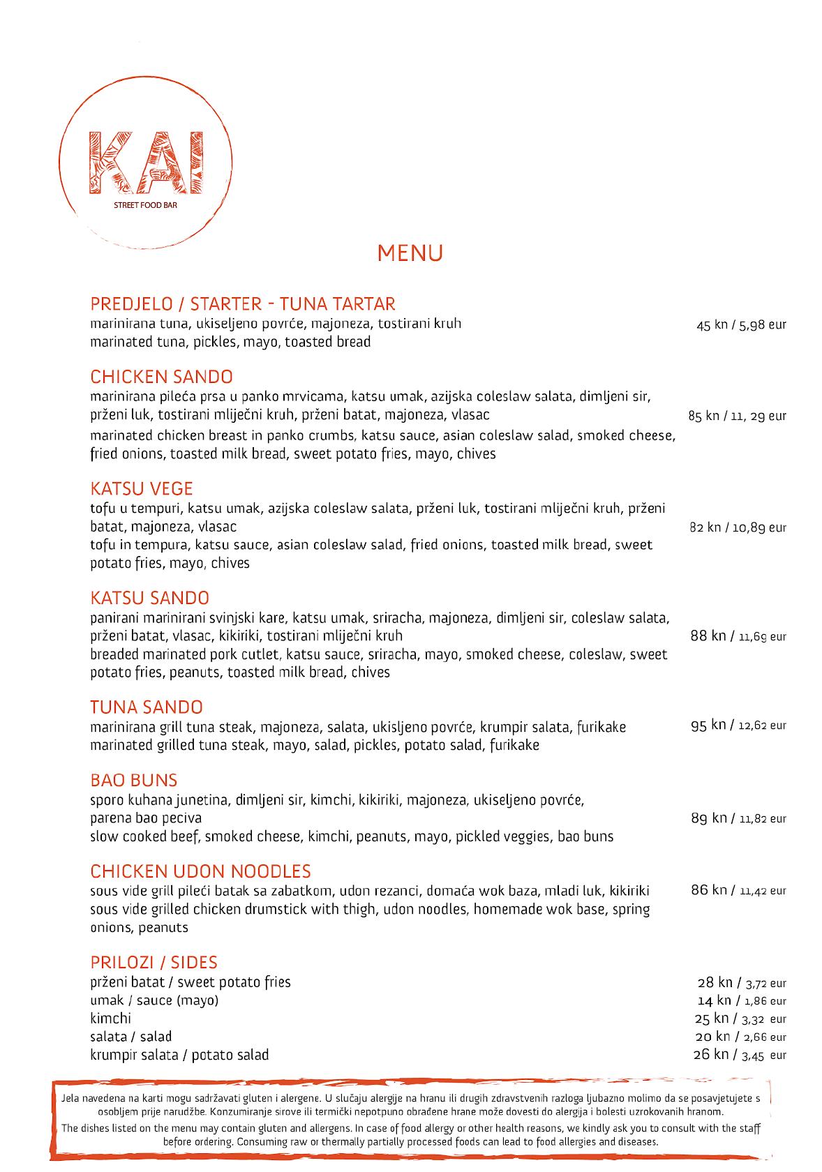 Menu at Kai Street Food restaurant, Zagreb, Jurišićeva ul. 2A
