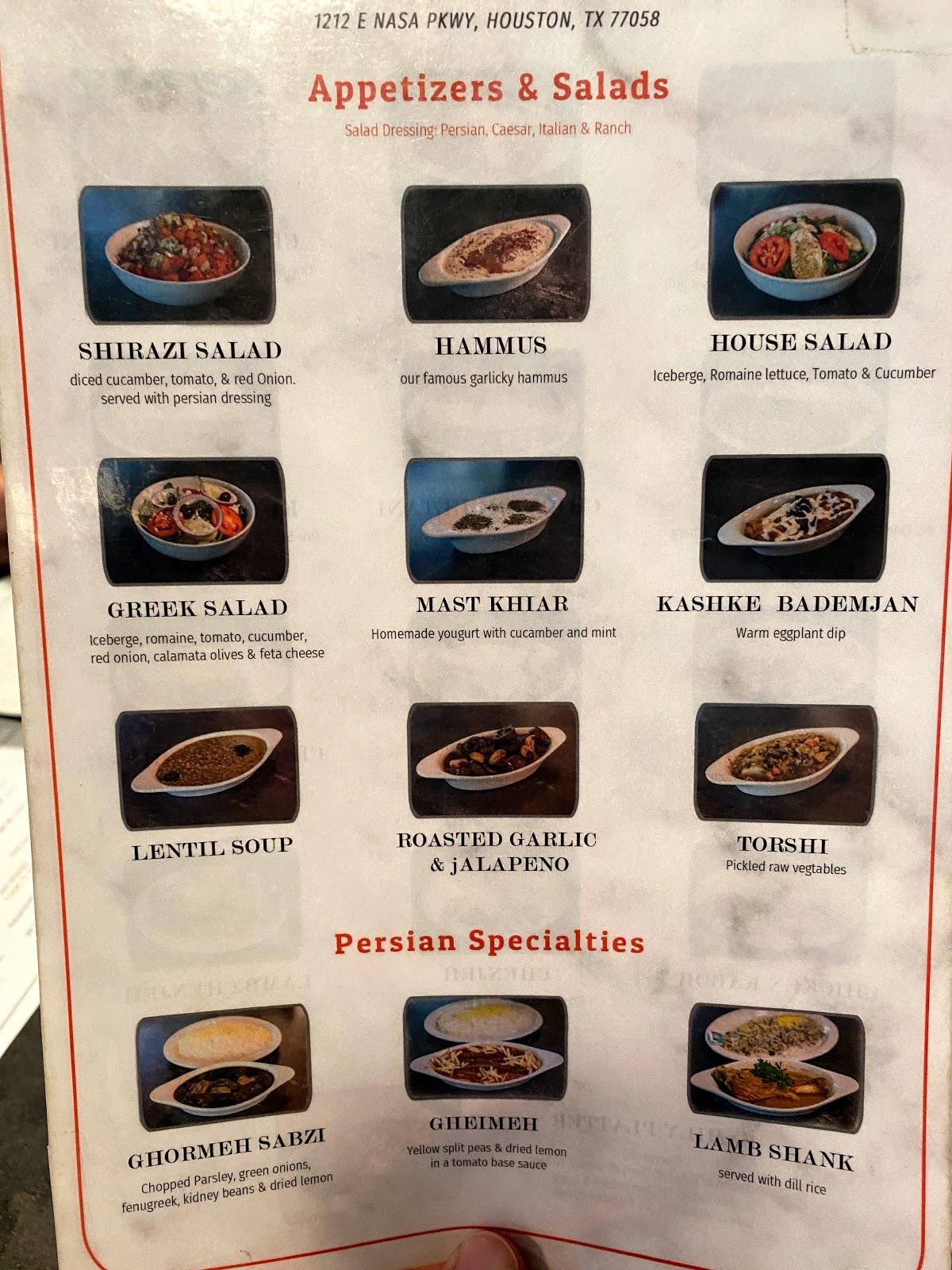 Menu at Kasra Persian Cafe, Houston, E NASA Pkwy