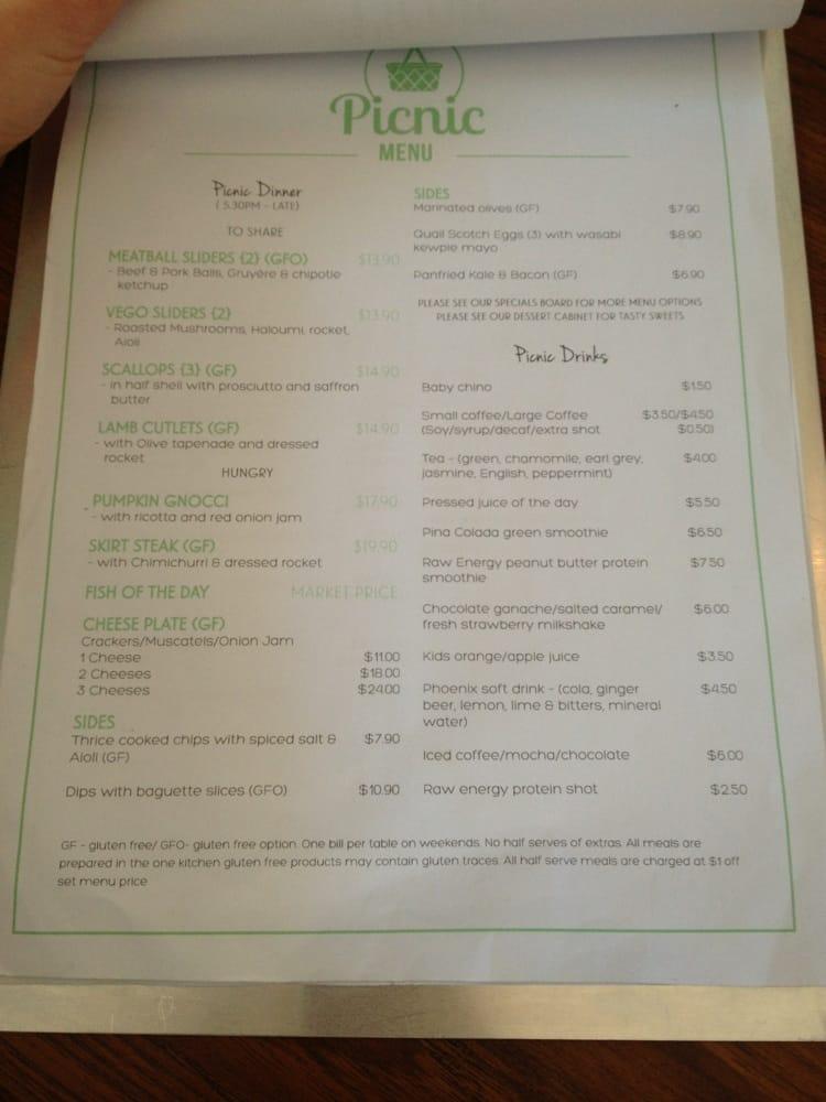 Menu at Picnic cafe, Coorparoo