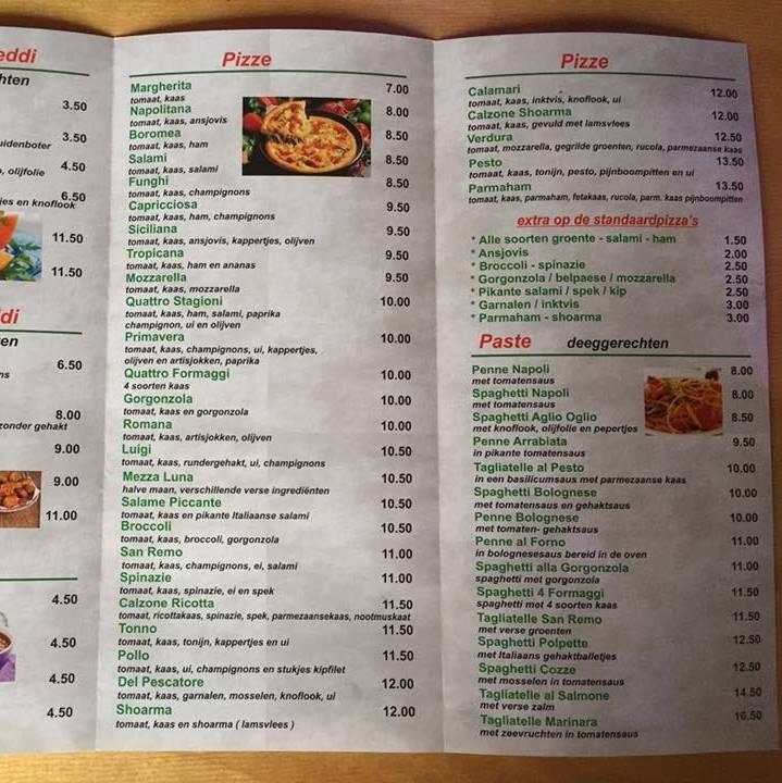 Menu at Ristorante San Remo Pizzeria, Amsterdam