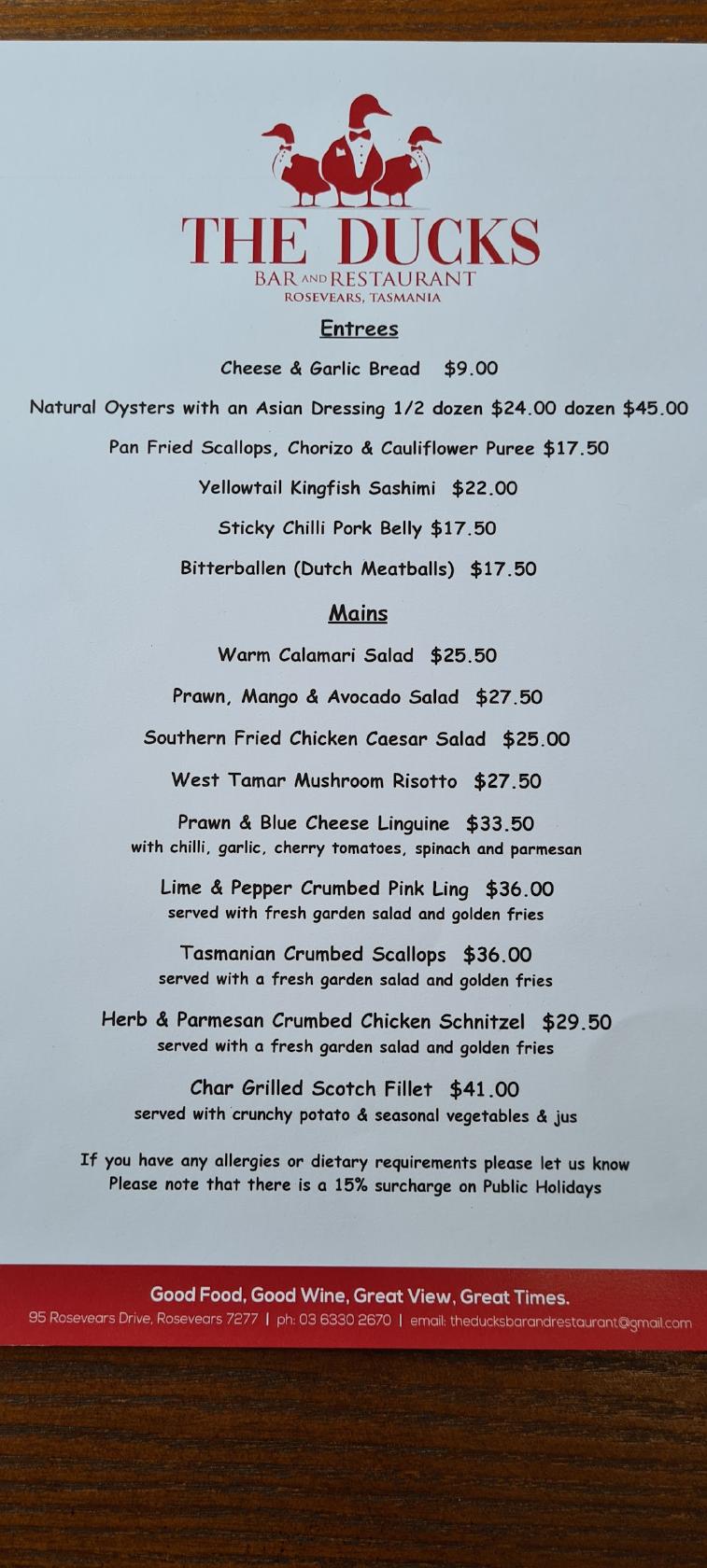 Menu at The Ducks Bar and Restaurant, Rosevears