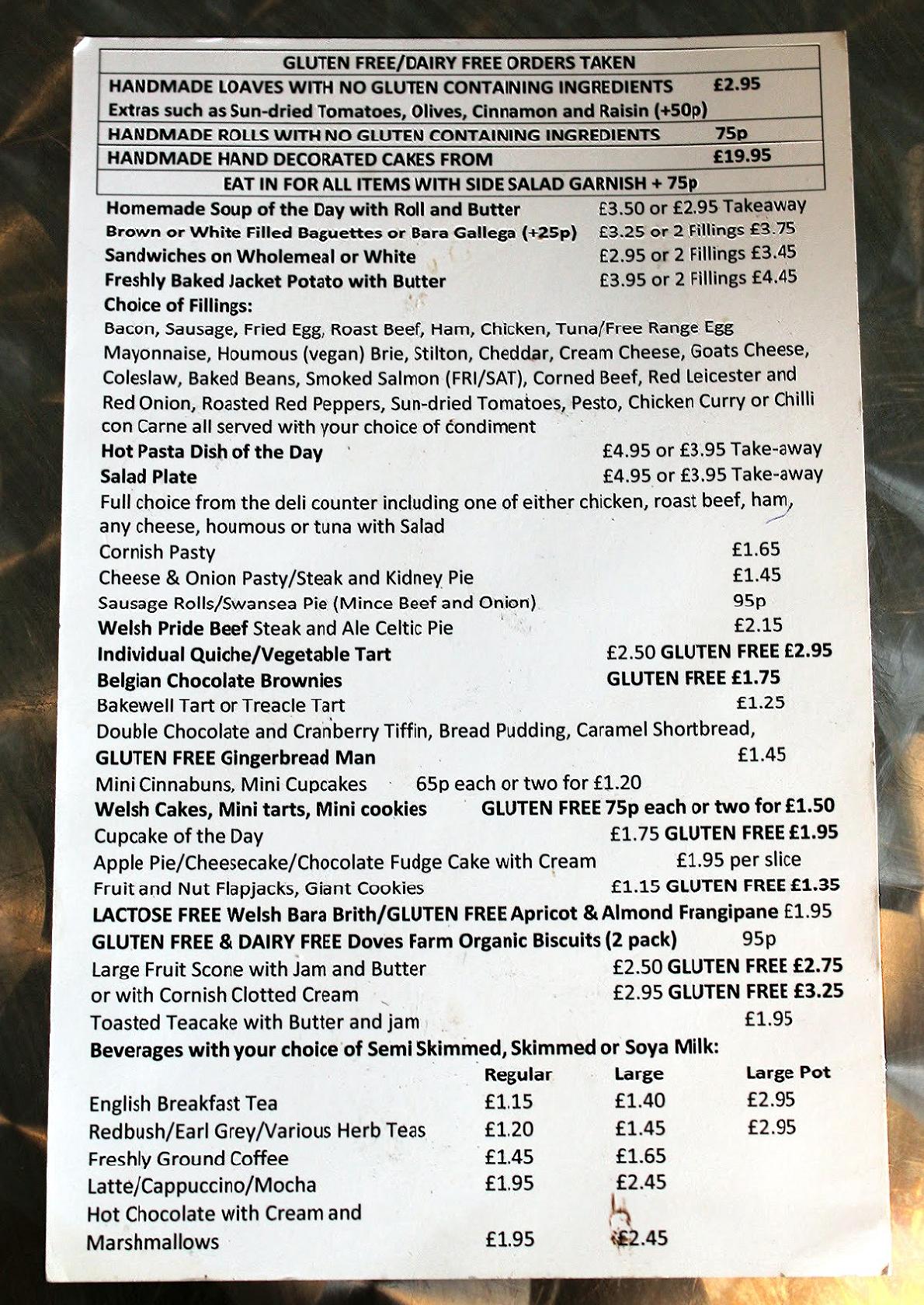 Menu at The Pocket Bakery, Caldicot