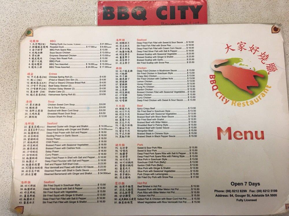 Menu at BBQ City, Adelaide