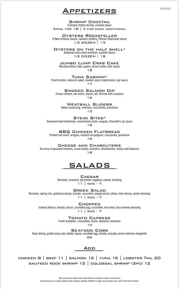 Menu at Churchill's Bistro Cigar Bar, Grosse Pointe Woods