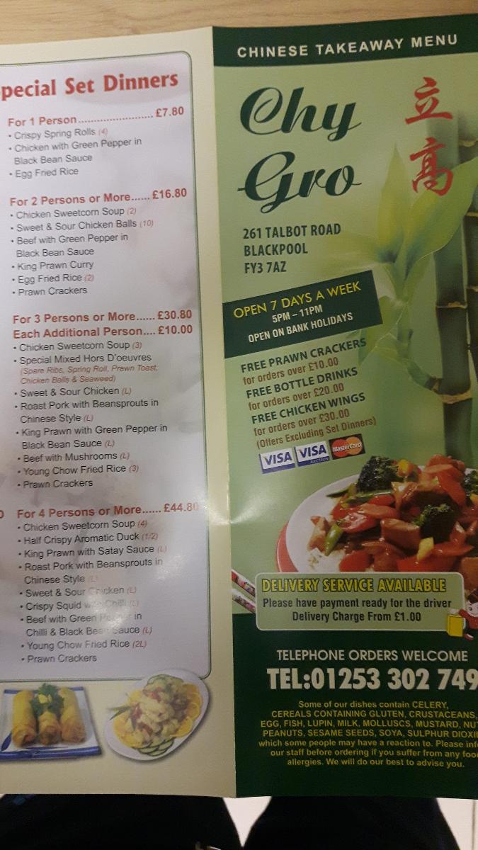 Menu at Chy Gro Chinese restaurant, Blackpool