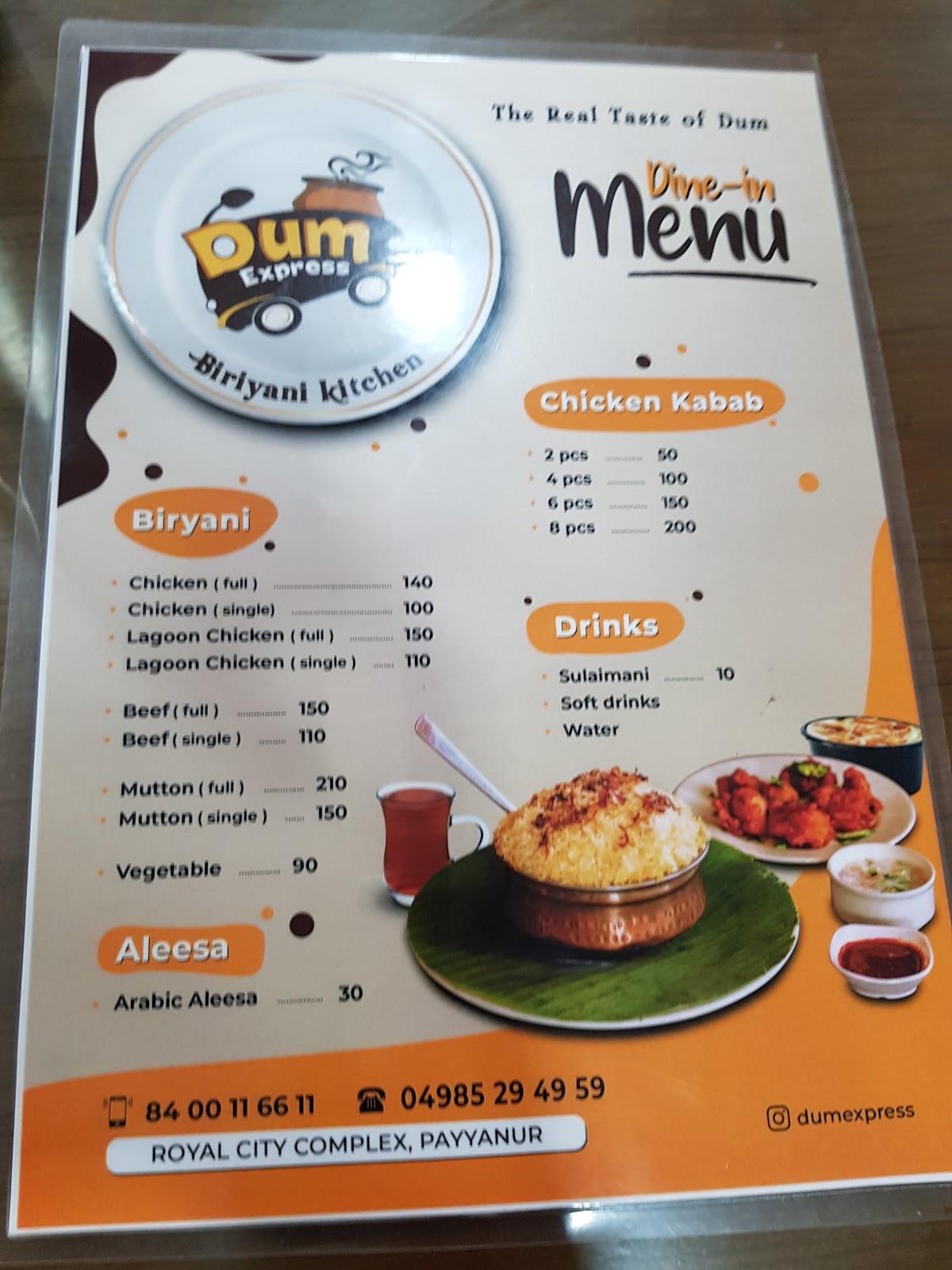 Menu at Dum Express, Payyanur