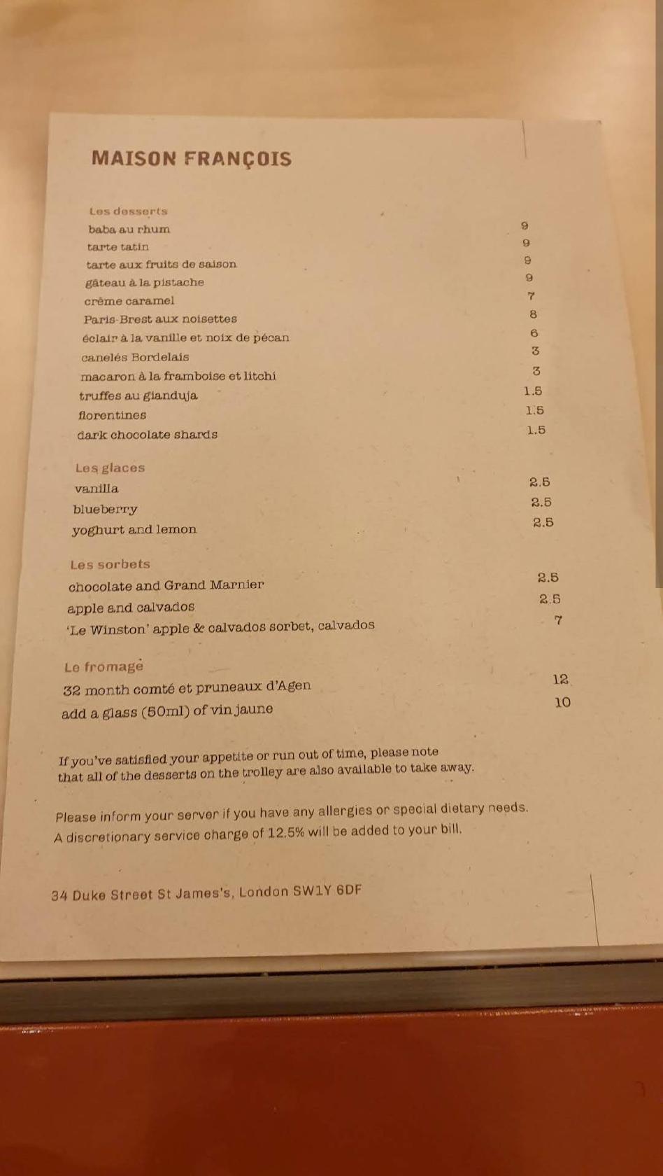 Menu at Maison François restaurant, London