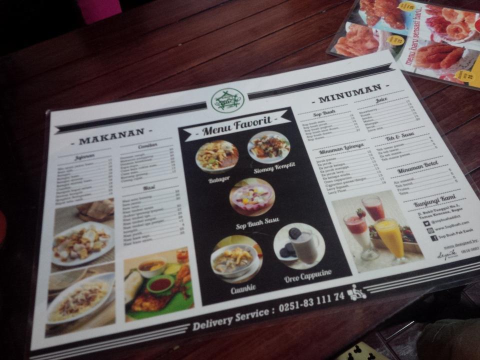 Menu at Sop Buah Pak Ewok restaurant, Bogor, Jln. Bukit Tunggul No. 5