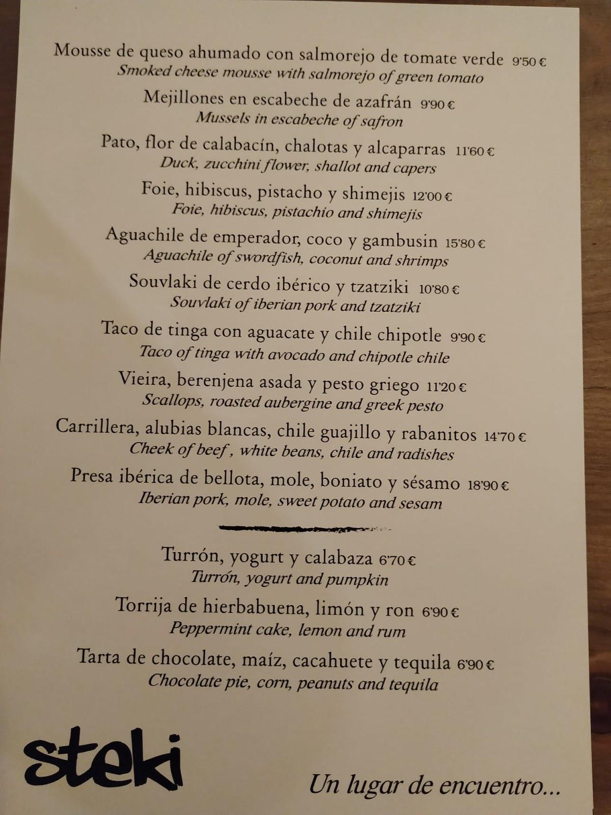 Menu at Steki Restaurante, Alicante