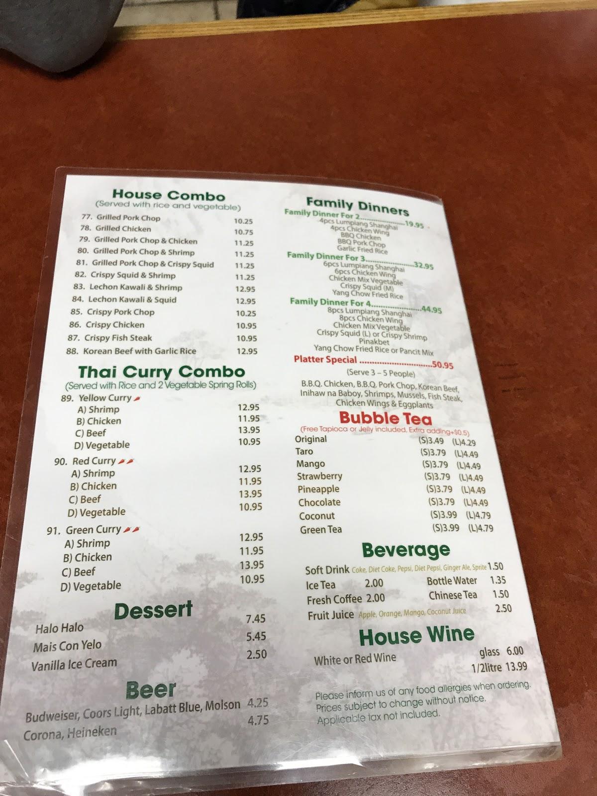 Menu at Summer House - Filipino Thai Cuisine restaurant, Toronto