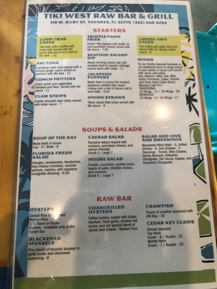 Menu at Tiki West Raw Bar and Grill, Tavares