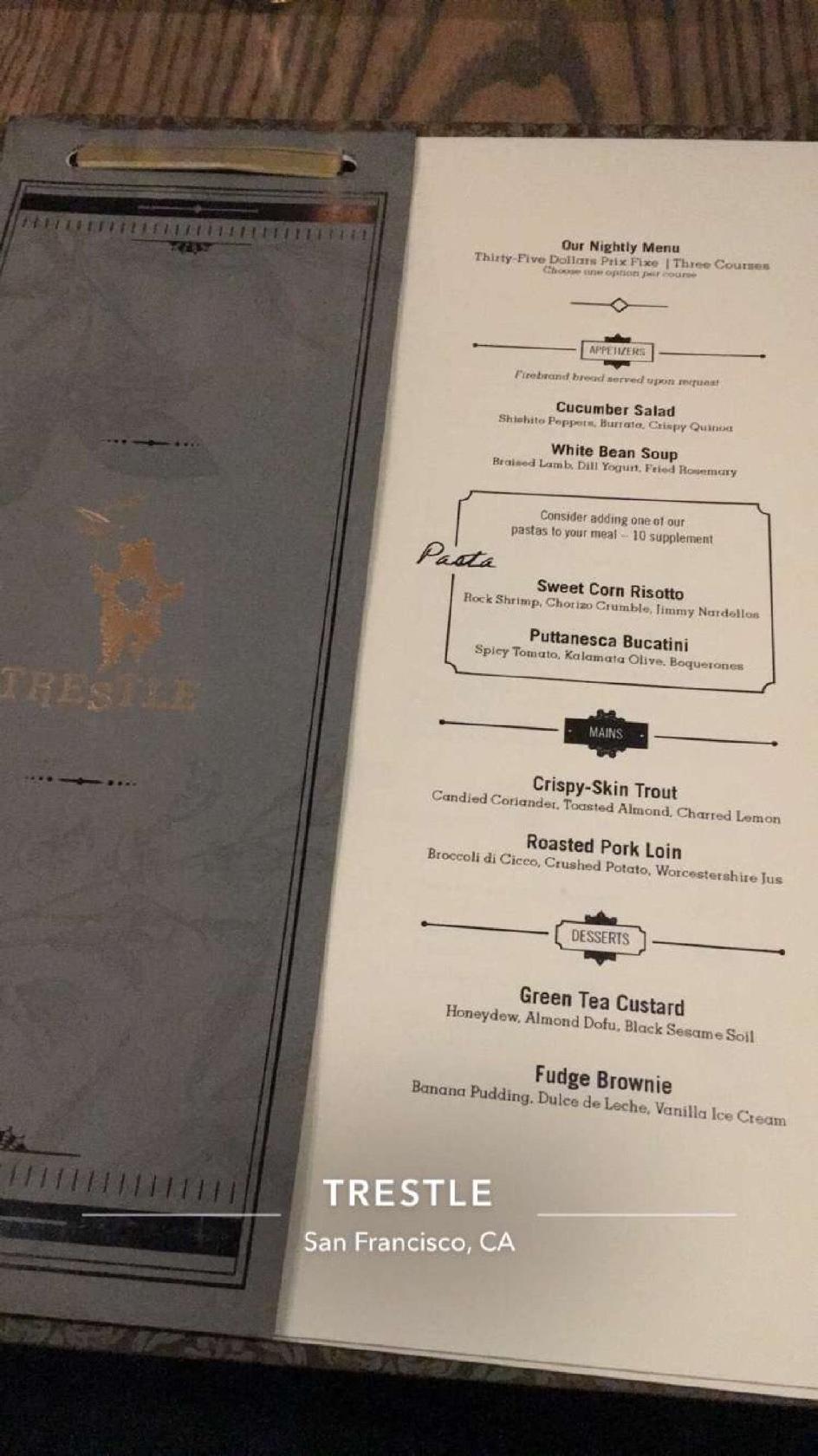 Menu at Trestle Restaurant, San Francisco