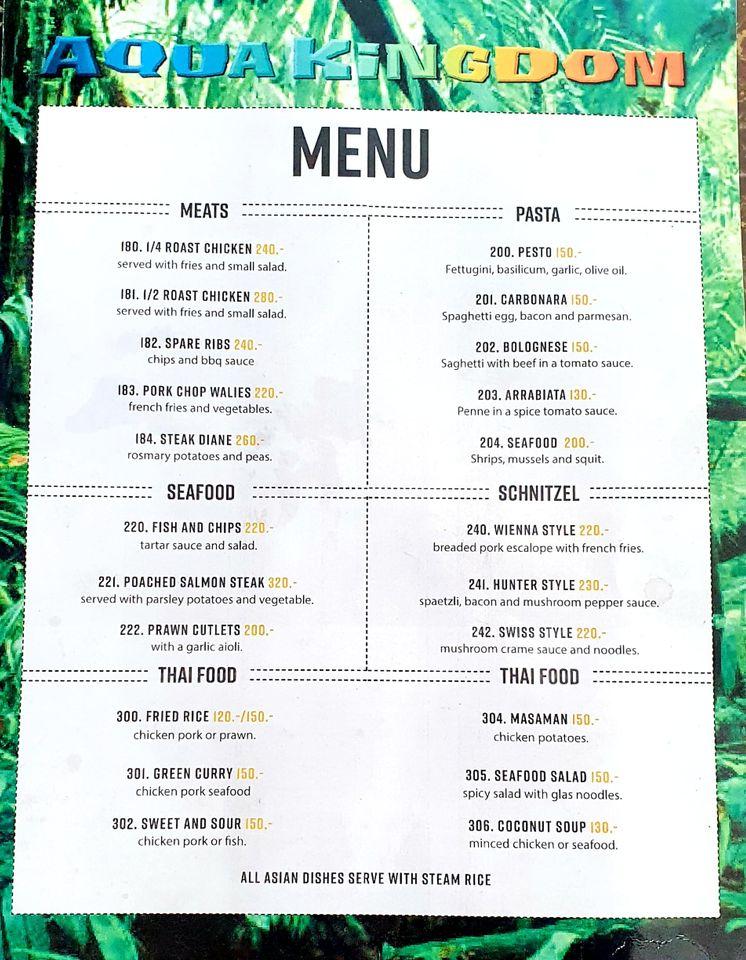 Menu at Aqua Kingdom restaurant, Thep Krasatti