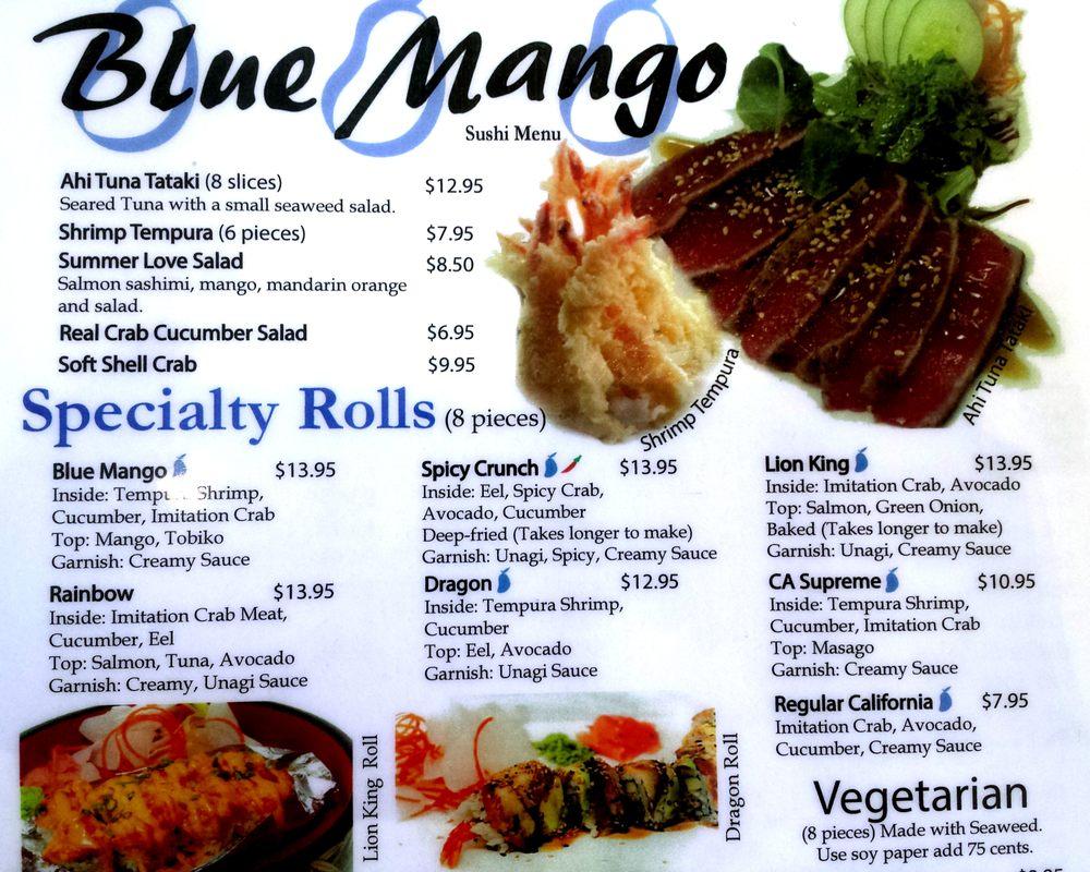 Menu at Blue Mango restaurant, San Jose, 635 Coleman Ave