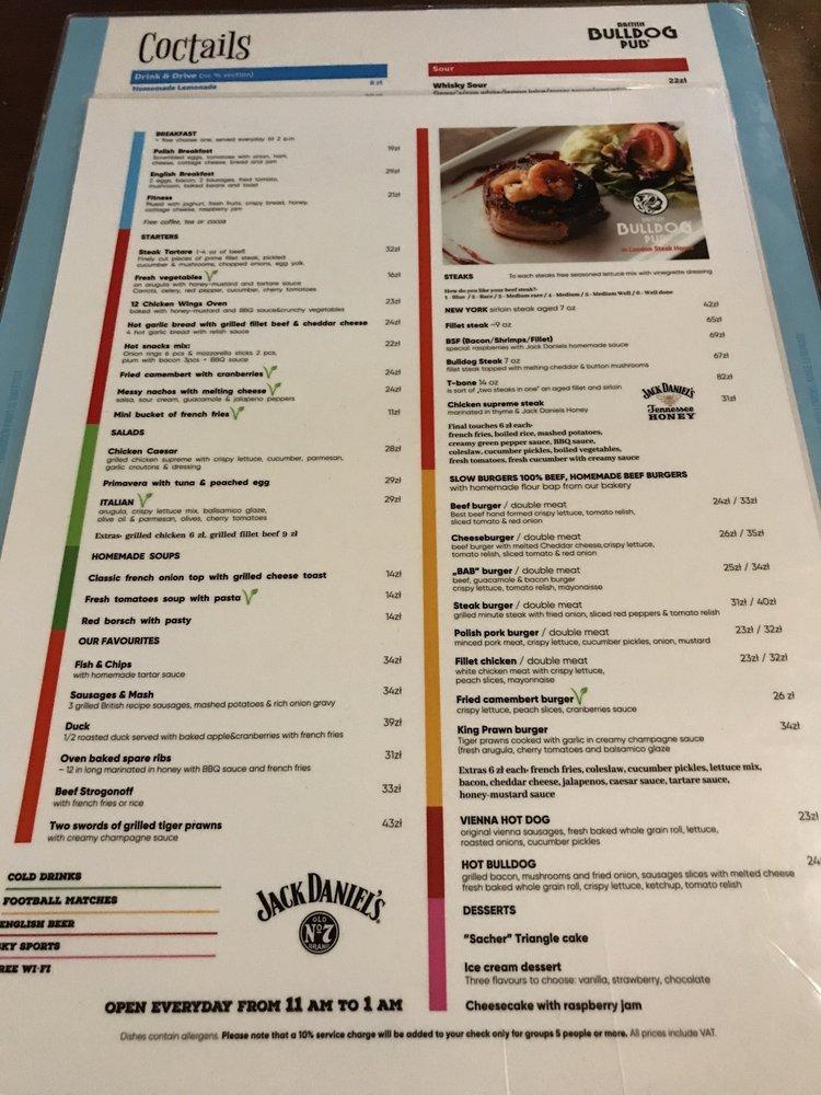 Menu at British Bulldog Pub, Warsaw
