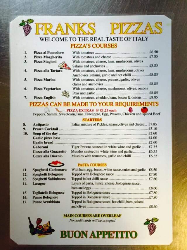 Menu at Franks Pizzeria, Kettering, 155 Havelock St