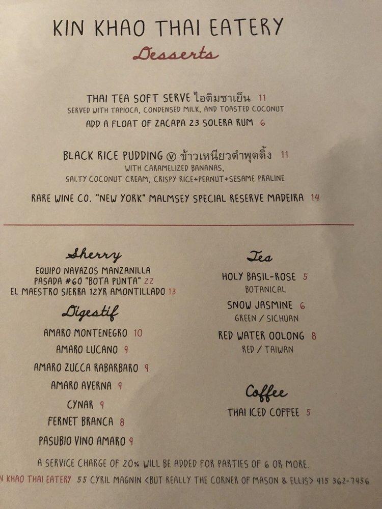 Menu at Kin Khao restaurant, San Francisco