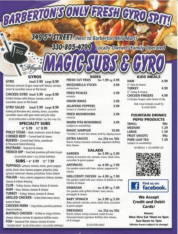 Menu at Magic subs and gyros fast food, Barberton