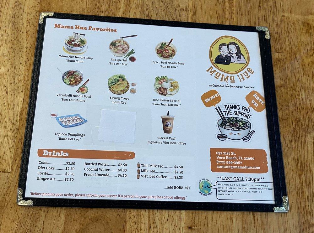 Menu at Mama Hue restaurant, Vero Beach