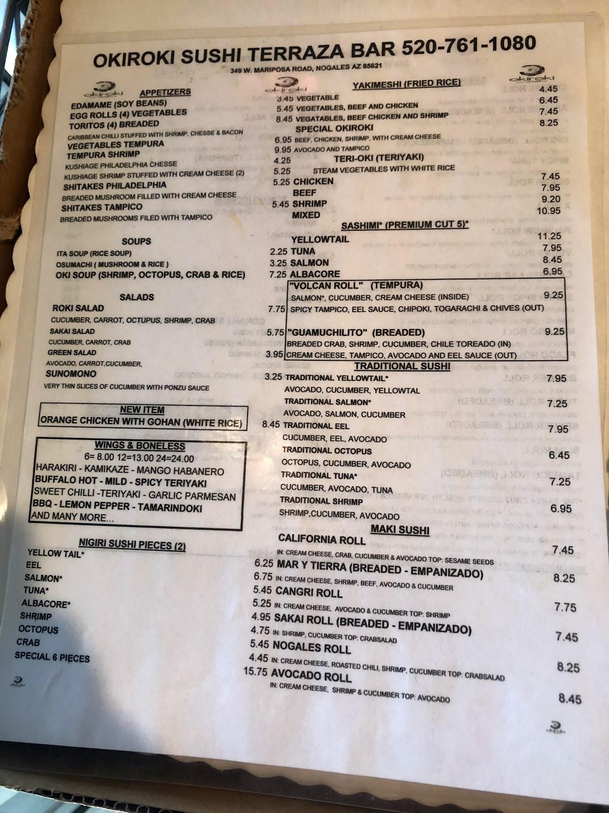 Menu at OKIROKI SUSHI WINGS restaurant, Nogales