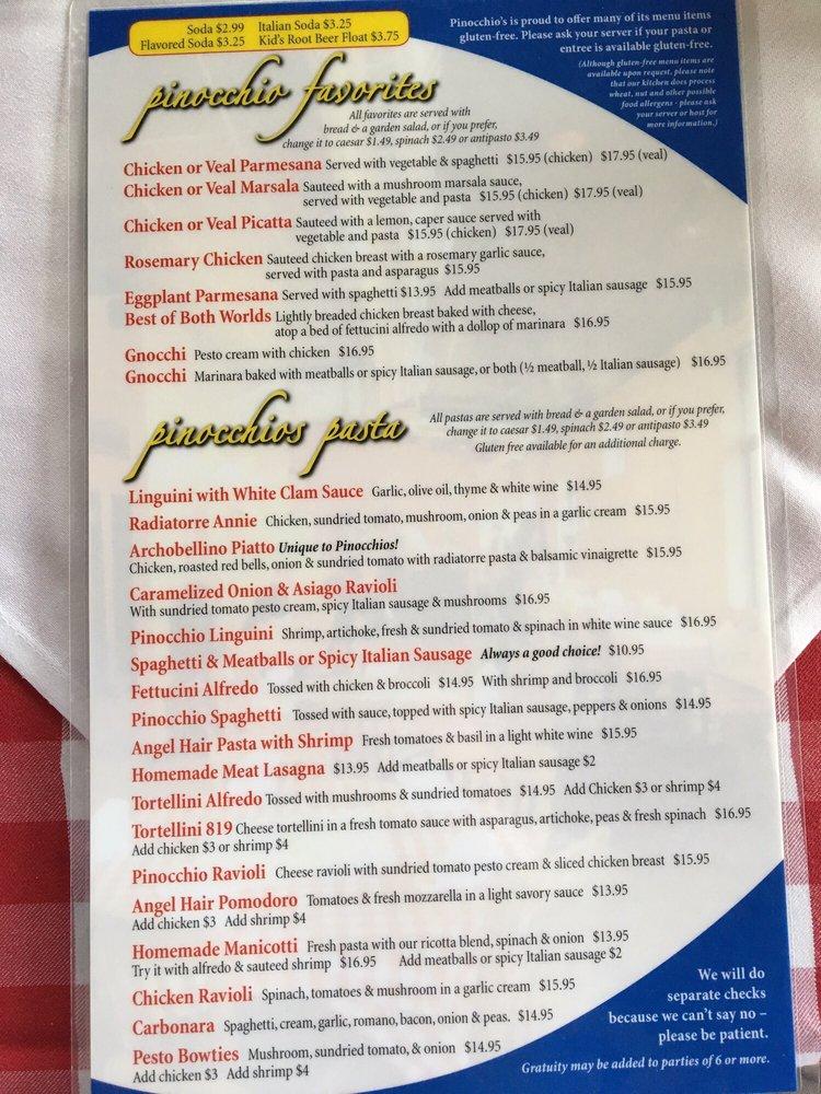 Menu at Pinocchio's Italian Eatery restaurant, Brighton