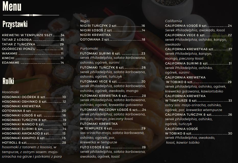 Carta del restaurante Soho Sushi, Varsovia, Mińska 25