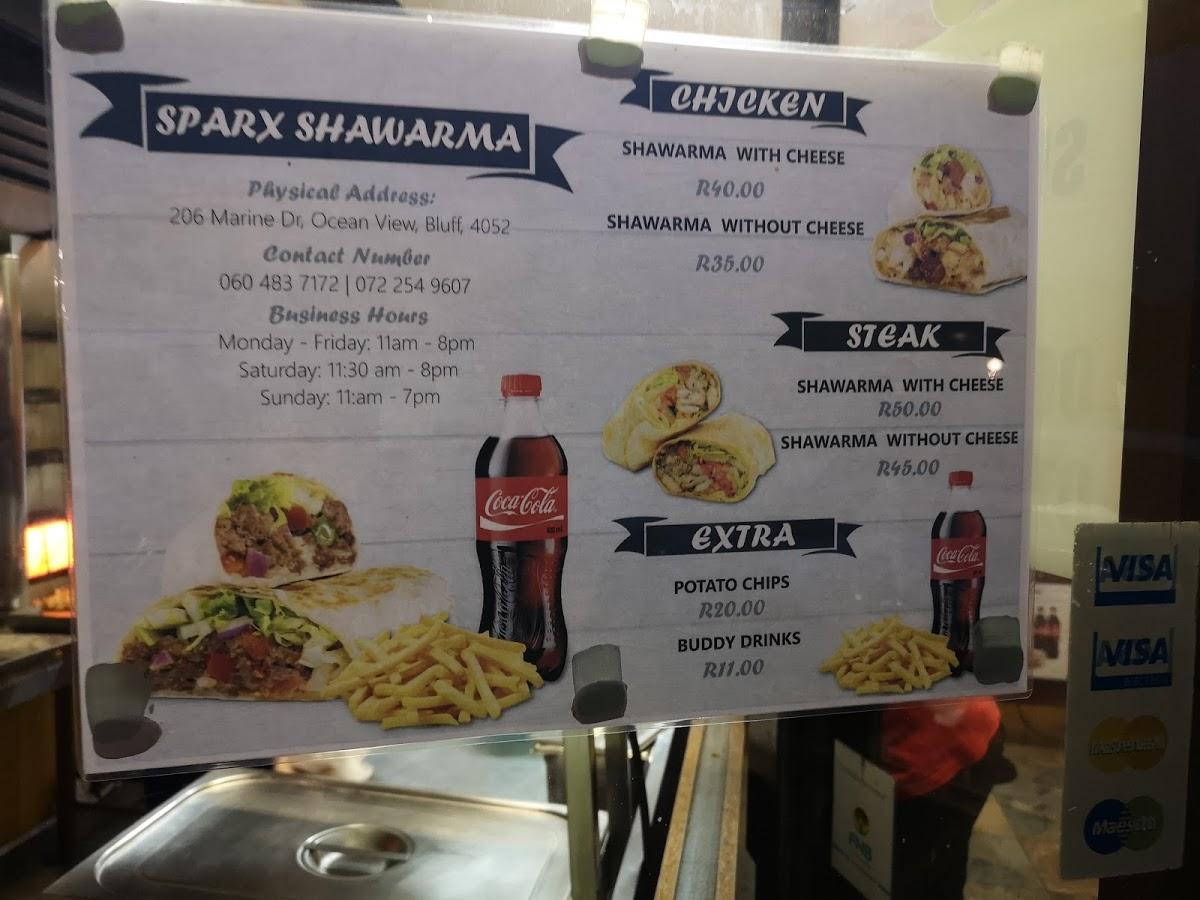 Menu at Sparx Shawarma restaurant, Durban