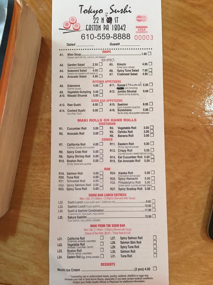 Menu at Tokyo Sushi restaurant, Easton
