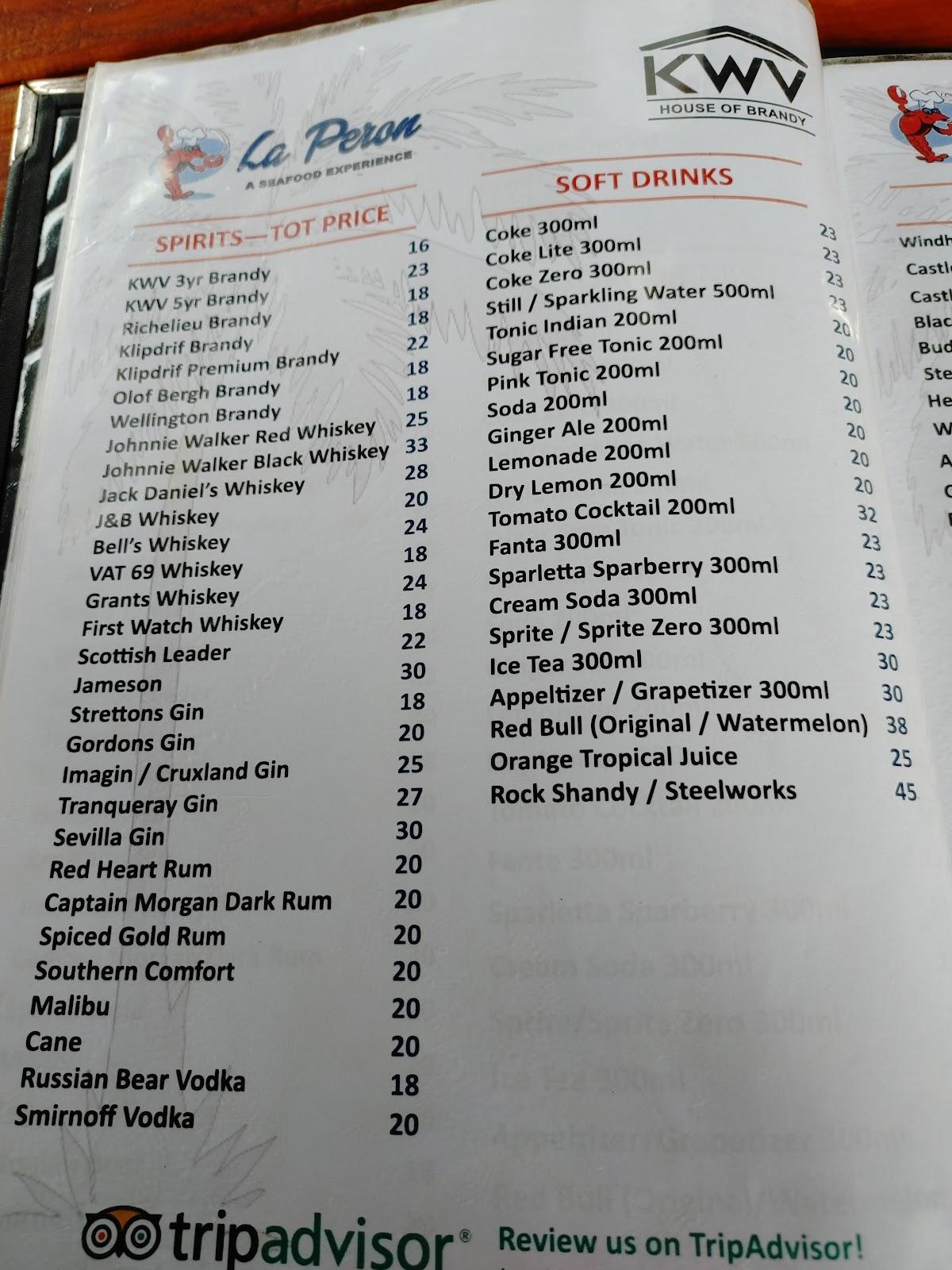 Menu at la peron visskerm restaurant, Mossel Bay, Old Station