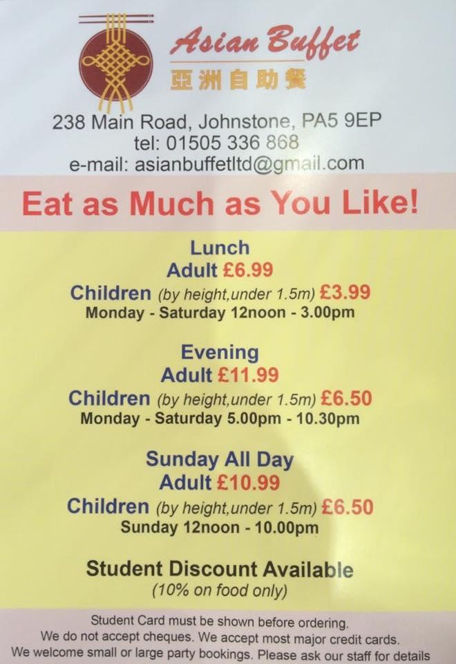 Menu at Asian Buffet restaurant, Johnstone