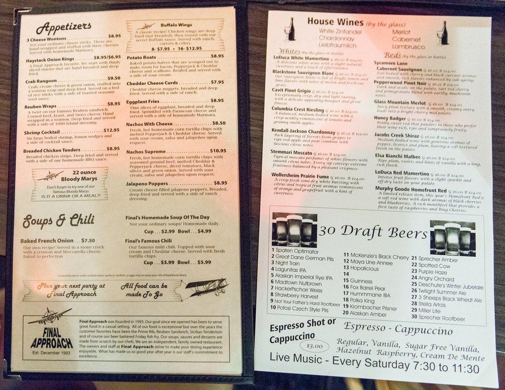 Menu at Final Approach restaurant, Milwaukee