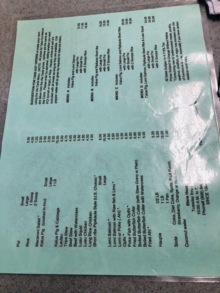 Menu at Helena's Hawaiian Food restaurant, Honolulu