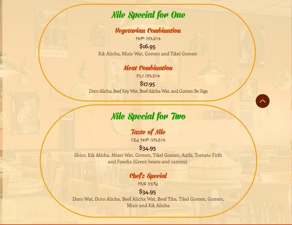 Menu at Nile Ethiopian restaurant, Orlando