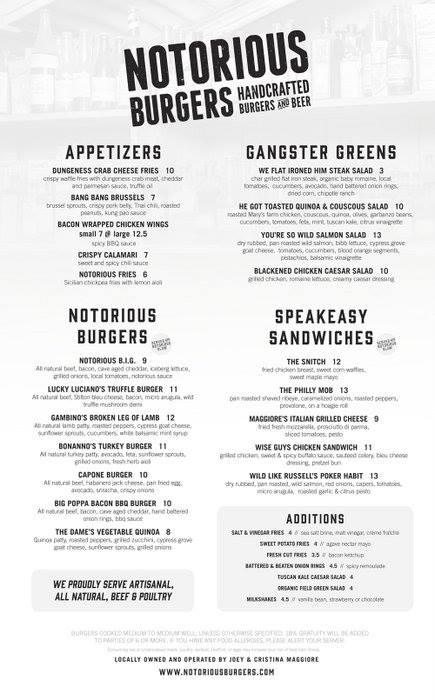 Menu at Notorious Burgers restaurant, Scottsdale