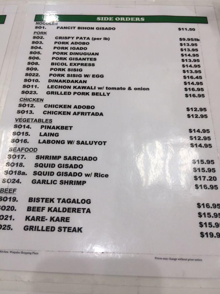 Menu at Pampanga Kitchen Waipahu Plaza restaurant, Waipahu