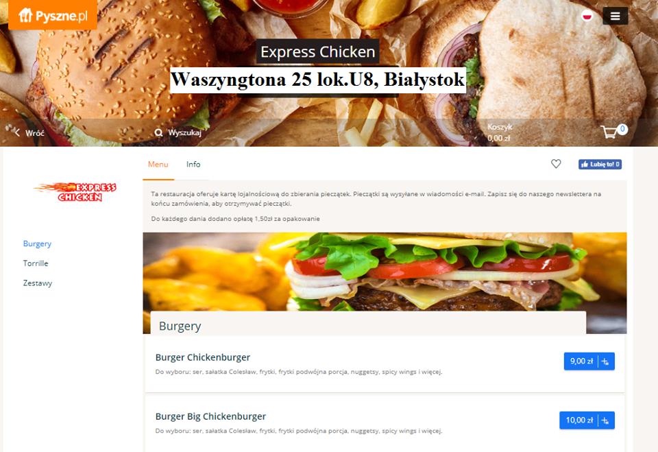 Menu at Express Chicken restaurant, Bialystok