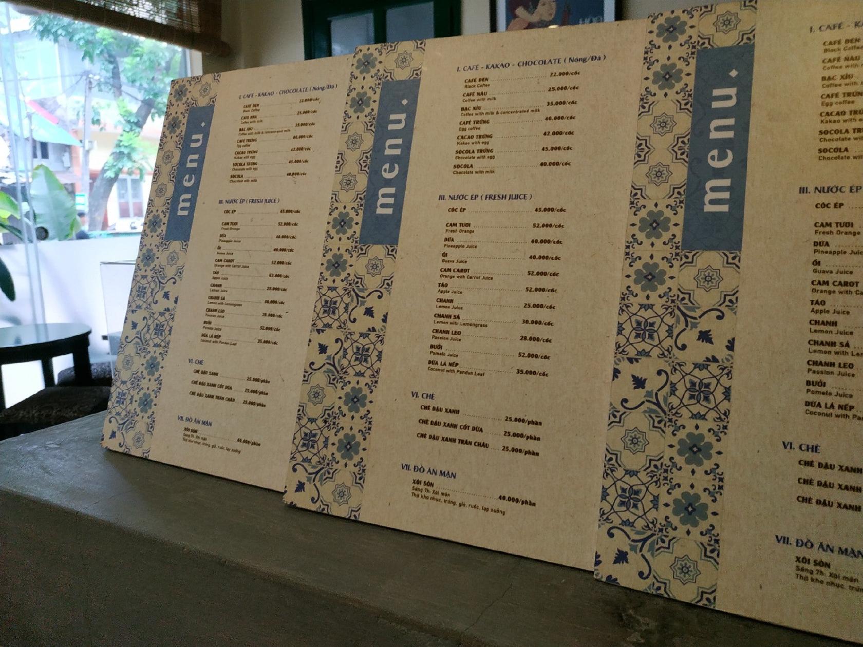 Menu at Ashima Nguyen Dinh Chieu cafe, Hanoi