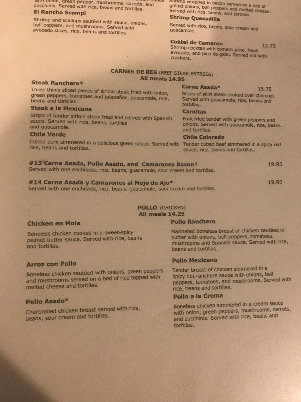Menu at El Rancho restaurant, Montesano