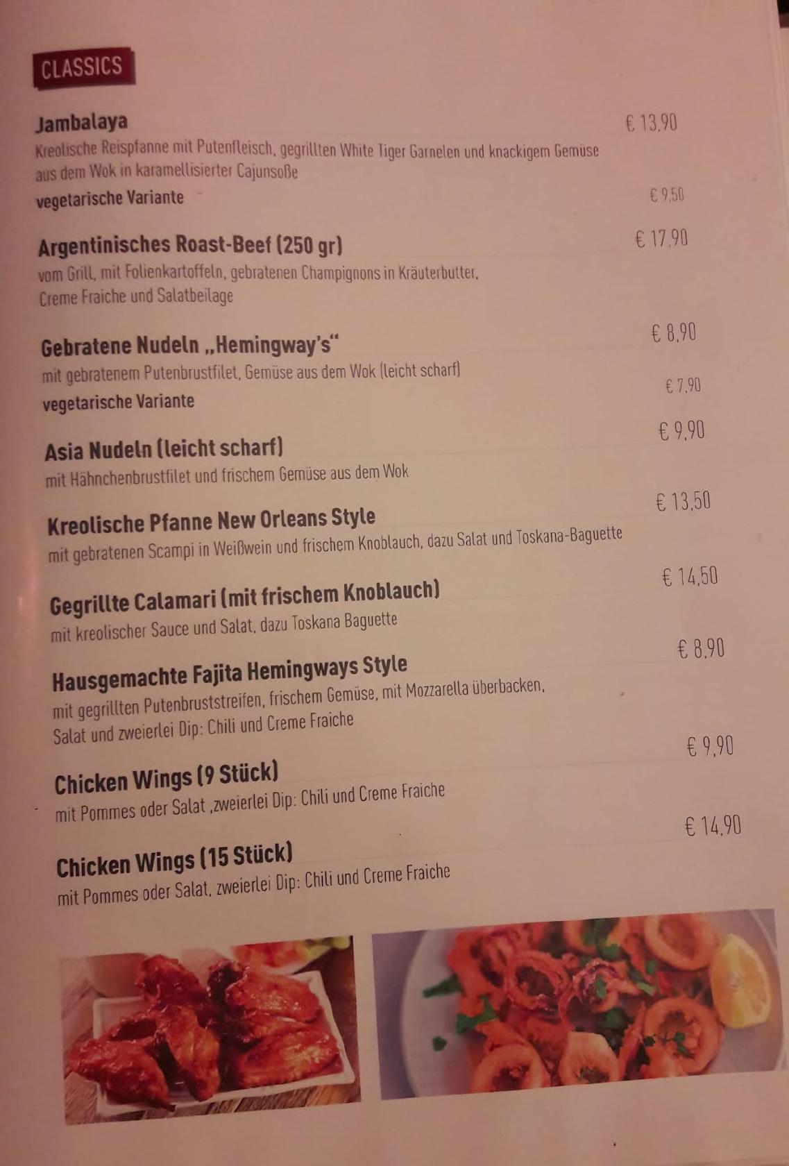 Speisekarte von Hemingway's pub & Bar, Regensburg