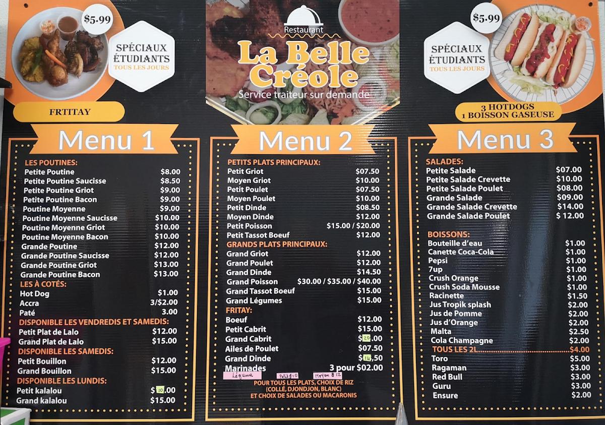 Carta del restaurante La Belle Creole, Montréal
