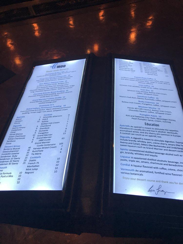 Menu at Le Moo steakhouse, Louisville