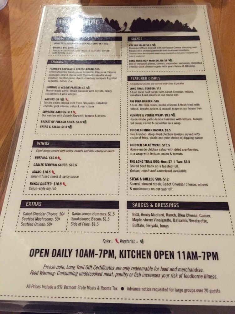 Menu at Long Trail Brewing Company pub & bar, Bridgewater, US Route 4