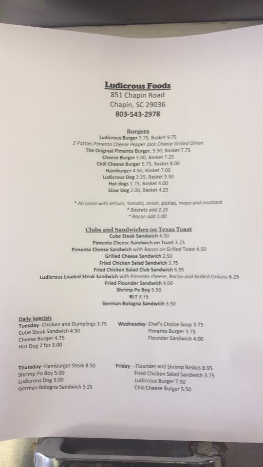 Menu at Ludicrous foods restaurant, Chapin
