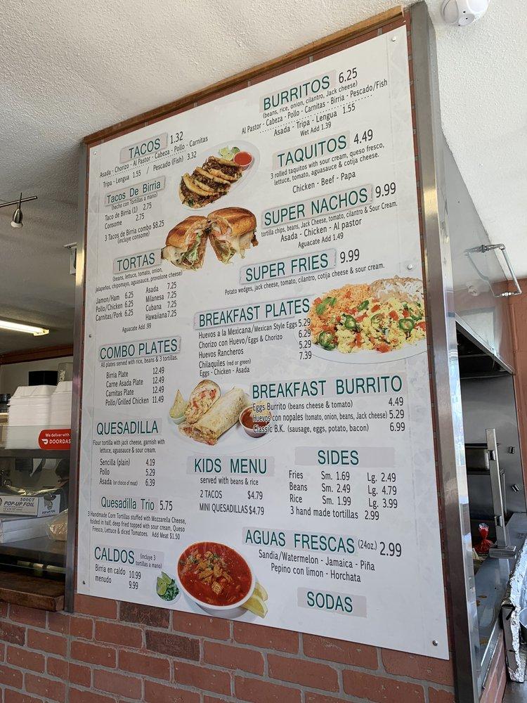 Menu at Navarro’s Taqueria restaurant, Santa Ana